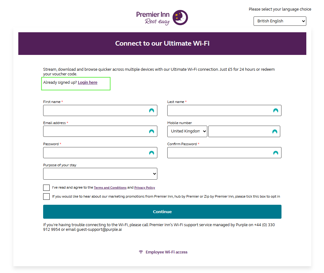 Premier Inn Wi-Fi Guest Support Guide – Purple Support
