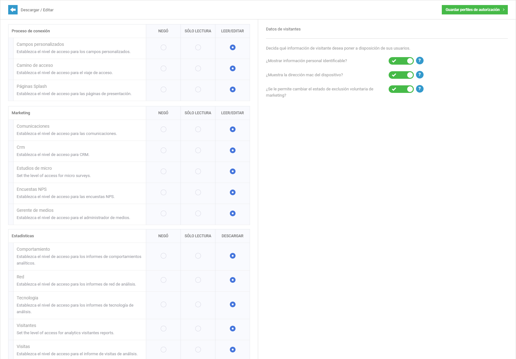 Perfiles de permisos – Soporte Purple
